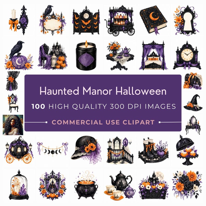 Haunted Manor Halloween Clipart Bundle Gothic Watercolor PNG Witchy ...