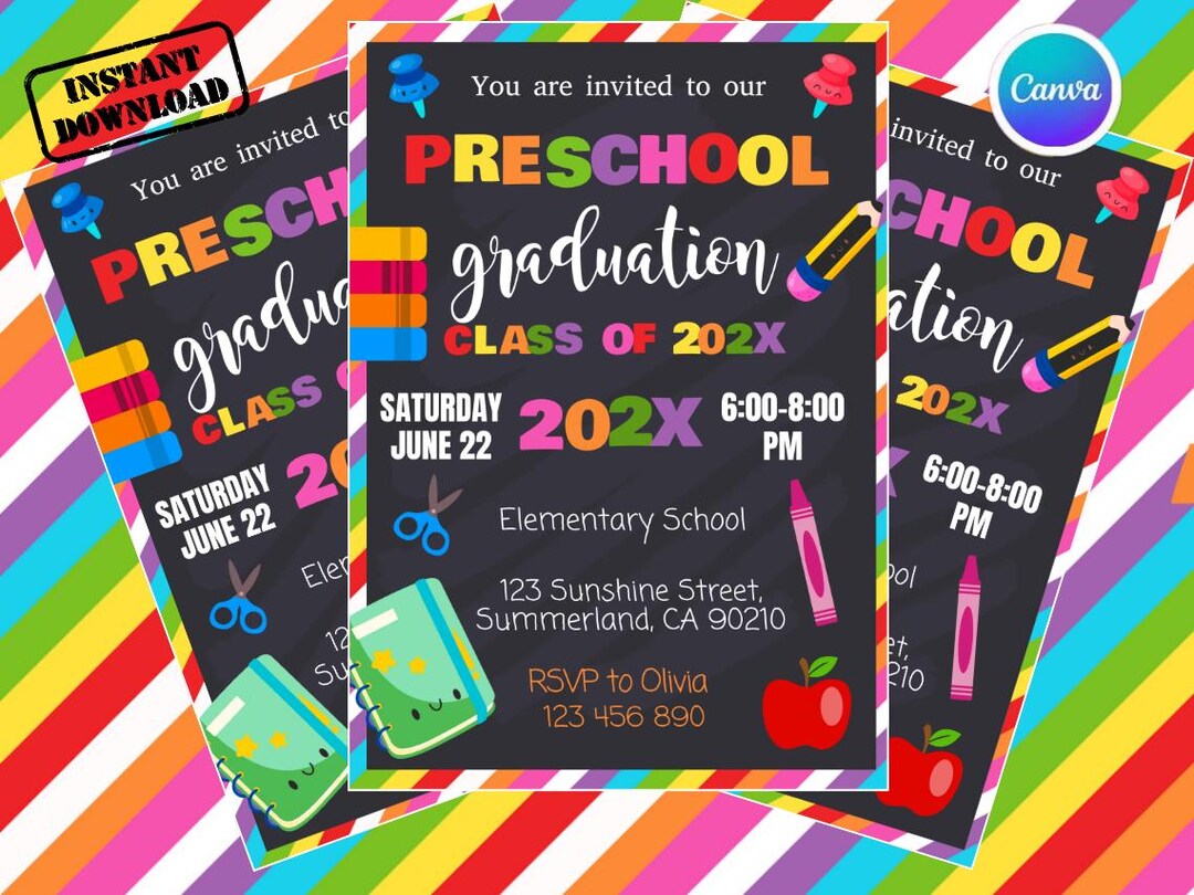 Preschool Graduation Invitation Template, Kids Party Flyer (editable ...