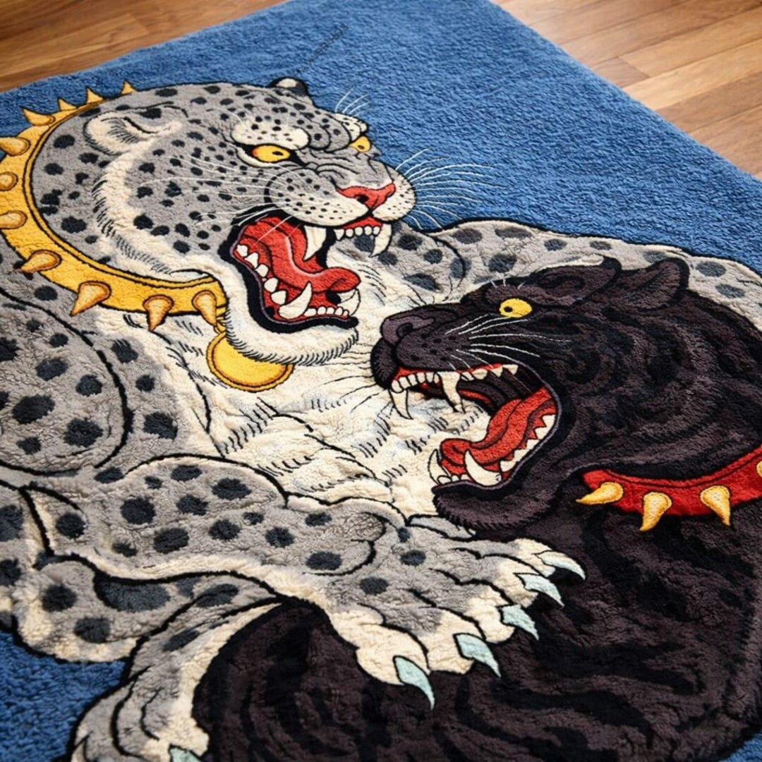 Hand Tufted Wool Rug: Snow Leopard Panther Ukiyo-e Japanese Art Carpet ...