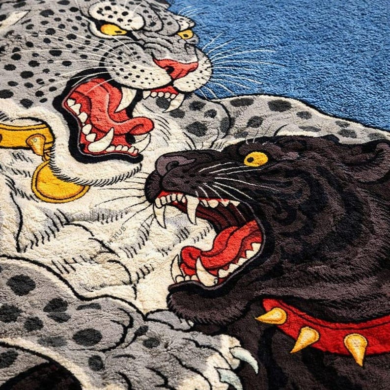 Hand Tufted Wool Rug: Snow Leopard Panther Ukiyo-e Japanese Art Carpet ...