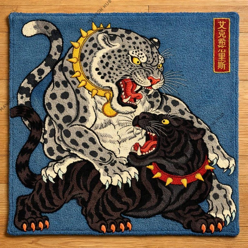 Hand Tufted Wool Rug: Snow Leopard Panther Ukiyo-e Japanese Art Carpet ...