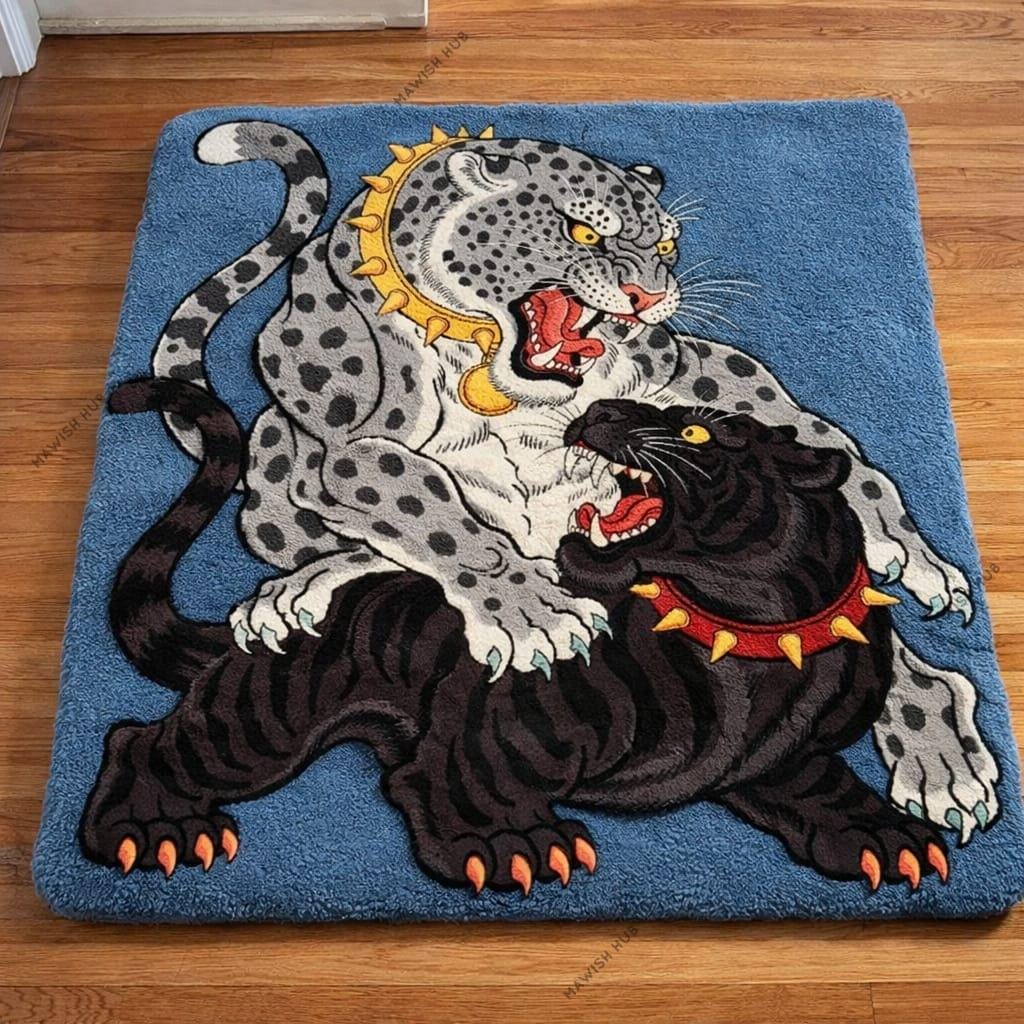 Hand Tufted Wool Rug: Snow Leopard Panther Ukiyo-e Japanese Art Carpet ...