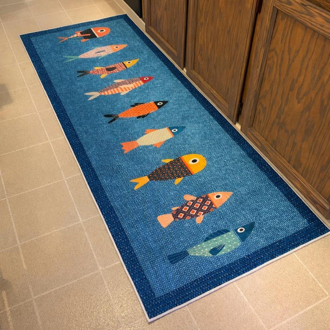 Hand Tufted Fish Runner Rug: Coastal Nautical Blue Hallway Beach House ...