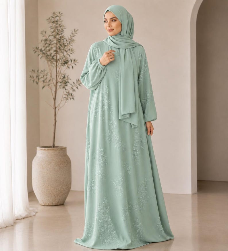 Embroidered Modest Abaya Dress With Hijab & Pockets | Floor Length Maxi ...
