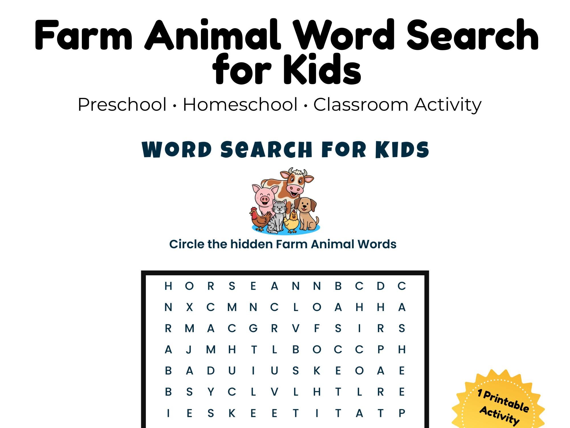 Farm Animal Word Search for Kids | Preschool Homeschool Activity ...