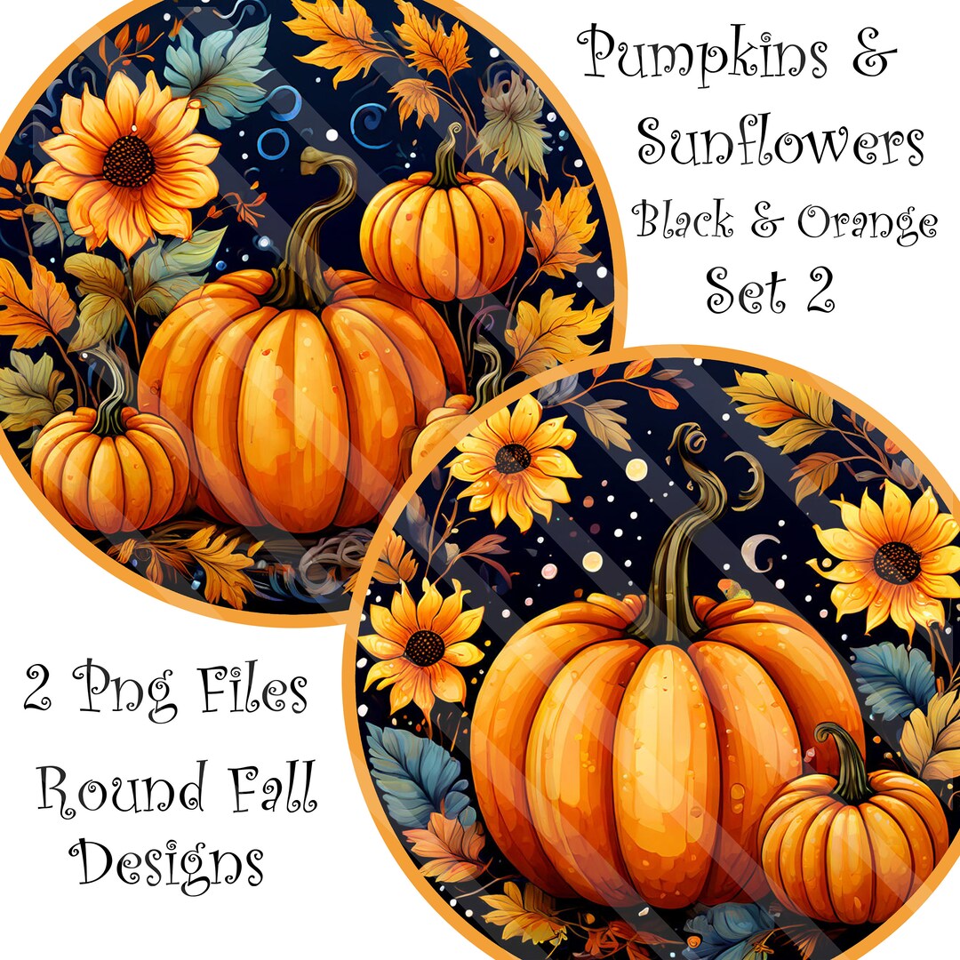 Pumpkins and Sunflowers Clipart Set Black and Orange Fall Art 2 Round ...