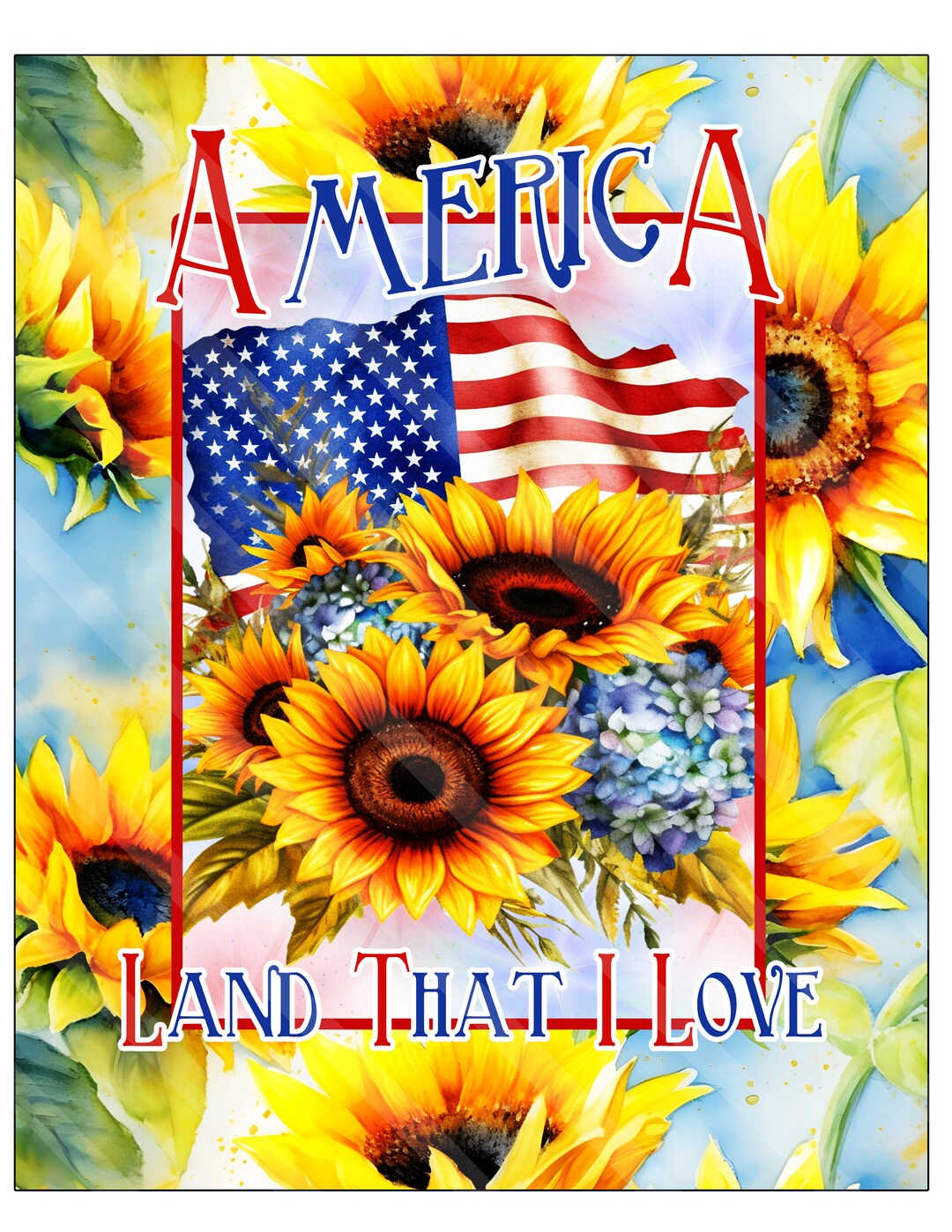 Patriotic Sunflowers Sign Printable, Sublimation Graphic, Rectangle ...