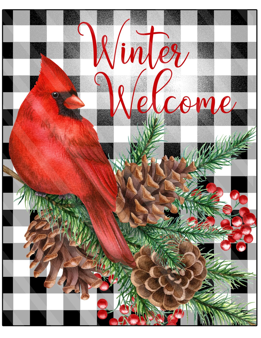 Christmas Printable Sublimation Graphic, Door Sign, Red Bird, Pinecones ...