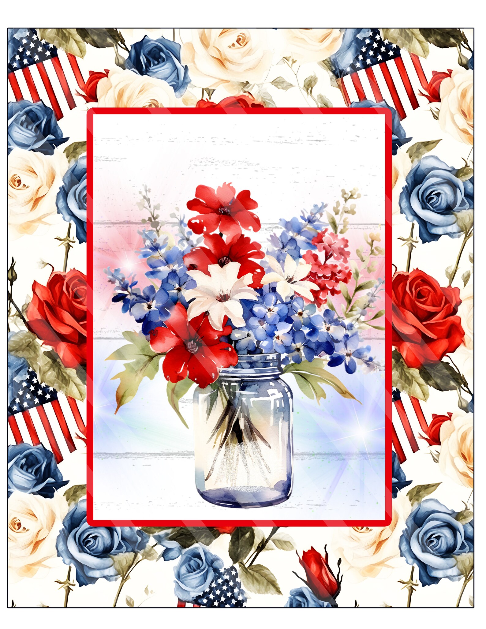 Patriotic Flowers Sign Printable, Sublimation Graphic, Rectangle Door ...