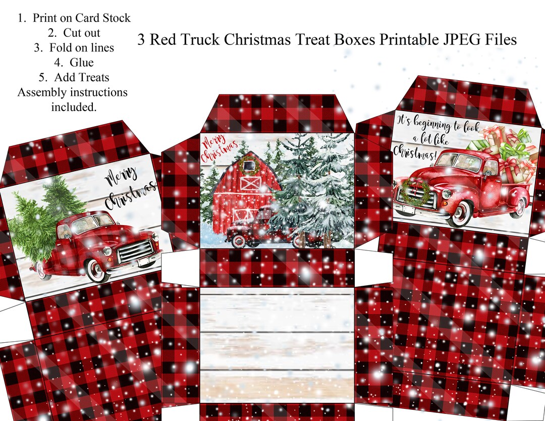 Red Truck Christmas Printable Treat Boxes, Buffalo Plaid, Digital ...
