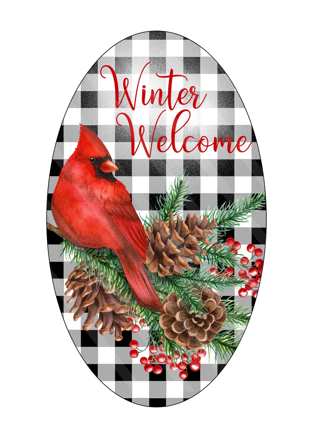 Christmas Printable Sublimation Graphic, Door Sign, Red Bird, Pinecones ...