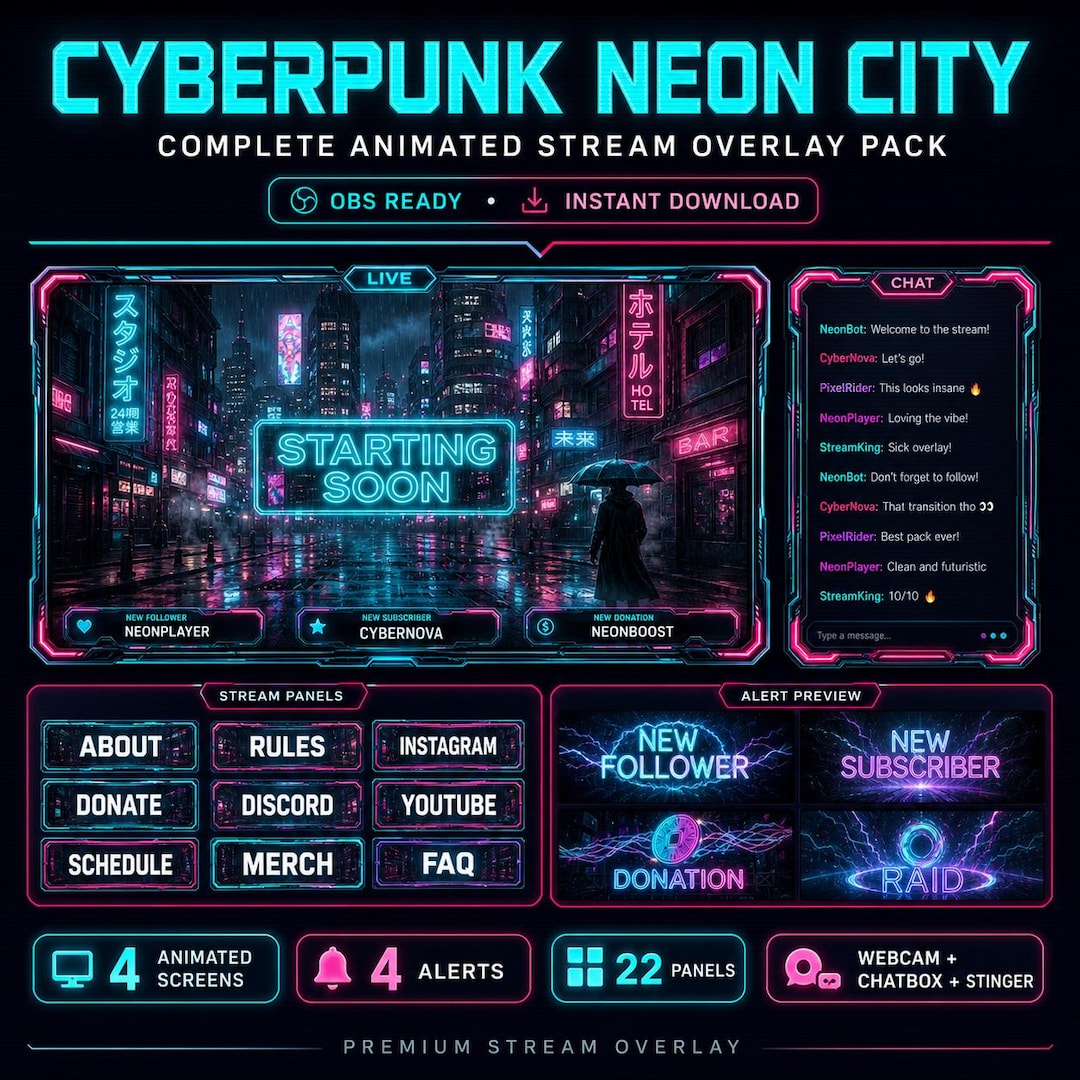 Cyberpunk Overlay Pack | Animated Neon City Futuristic Twitch Stream ...