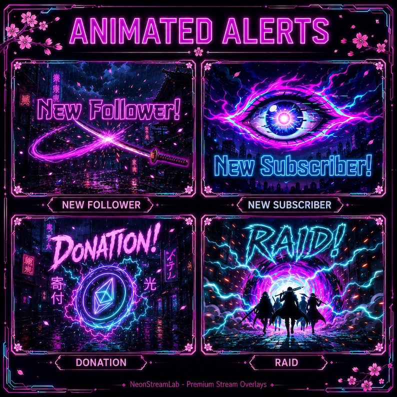 Dark Anime Stream Overlay for Twitch | Animated Grunge Cyberpunk ...