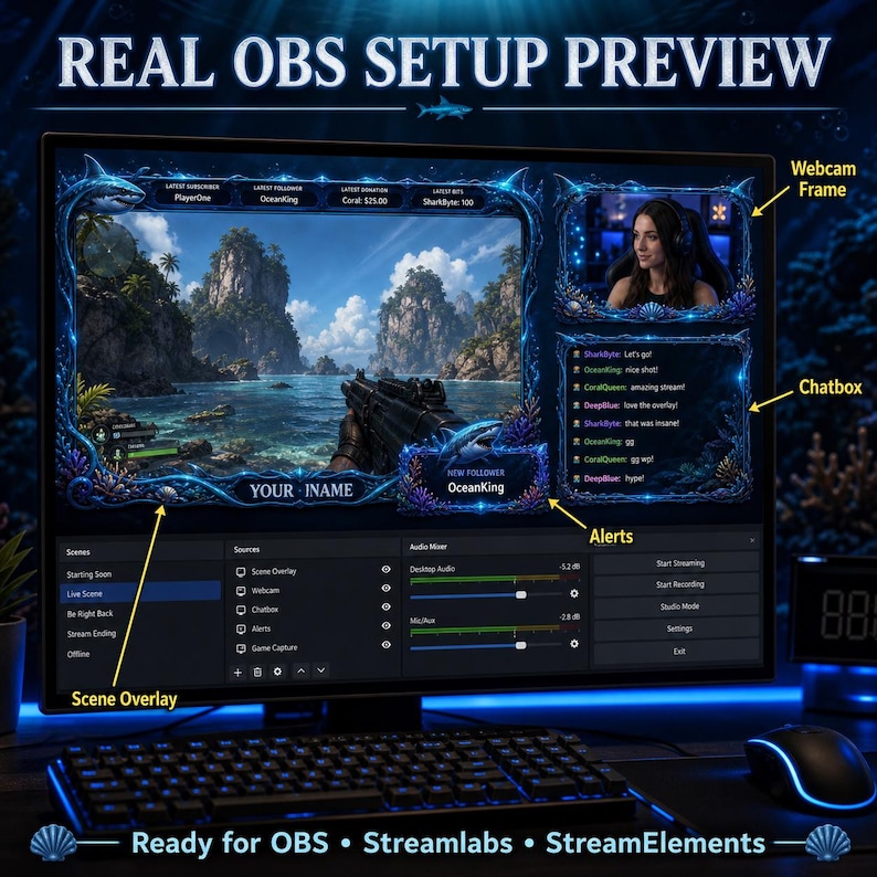Shark Twitch Overlay Pack | Animated Ocean Stream Screens Alerts Panels ...