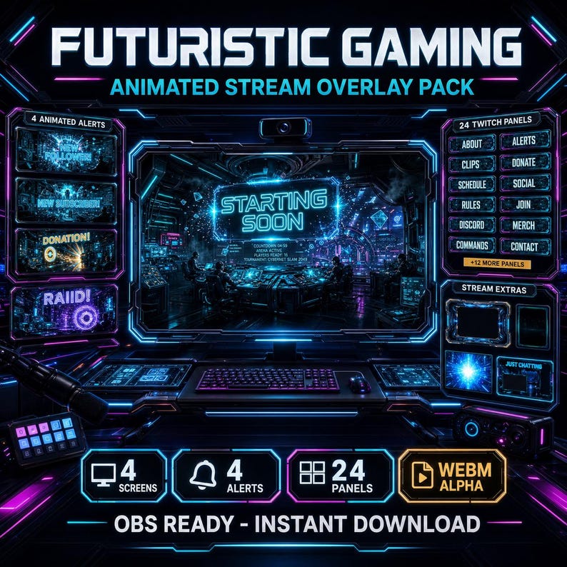 Cyber Twitch Overlay Pack | Futuristic Gaming Glitch Animated Screens ...