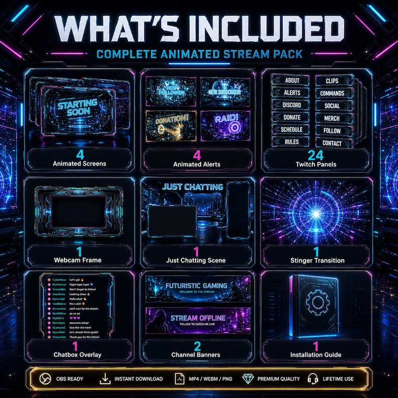 Cyber Twitch Overlay Pack | Futuristic Gaming Glitch Animated Screens ...