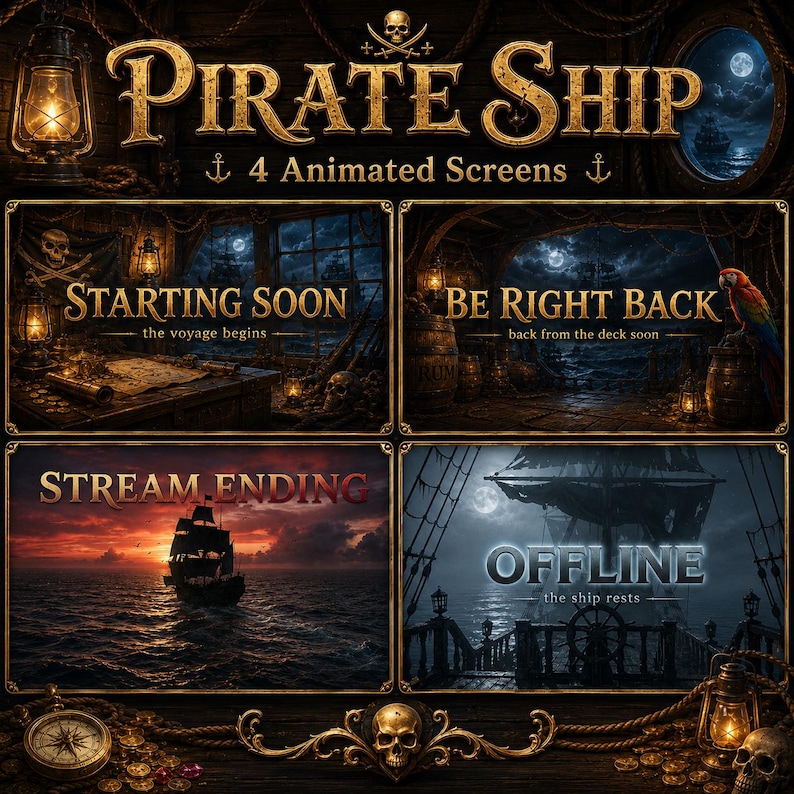 Pirate Overlay Pack | Animated Pirate Ship Twitch Stream Screens Alerts ...