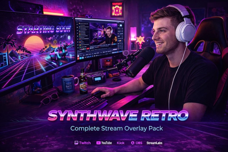 Synthwave Retro Stream Overlay Pack | Animated 80s Neon Vaporwave ...