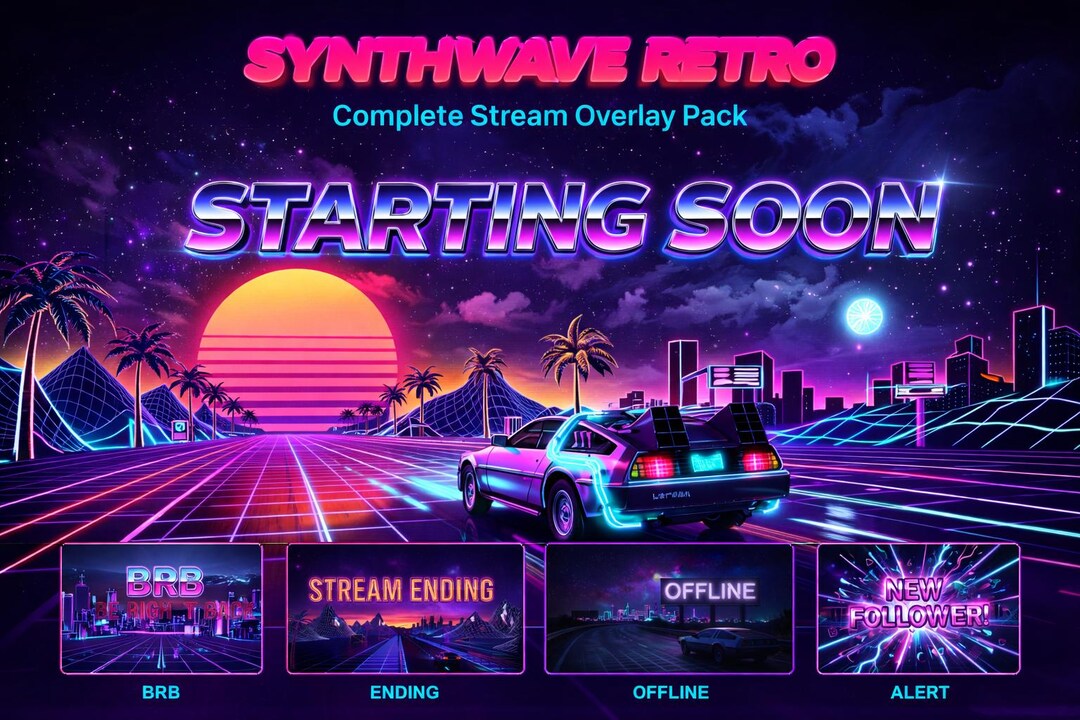 Synthwave Retro Stream Overlay Pack | Animated 80s Neon Vaporwave ...