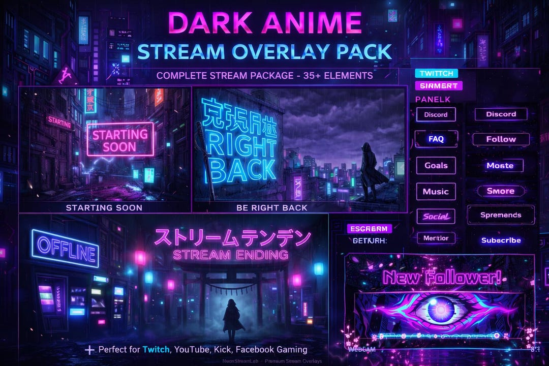 Dark Anime Stream Overlay for Twitch | Animated Grunge Cyberpunk ...