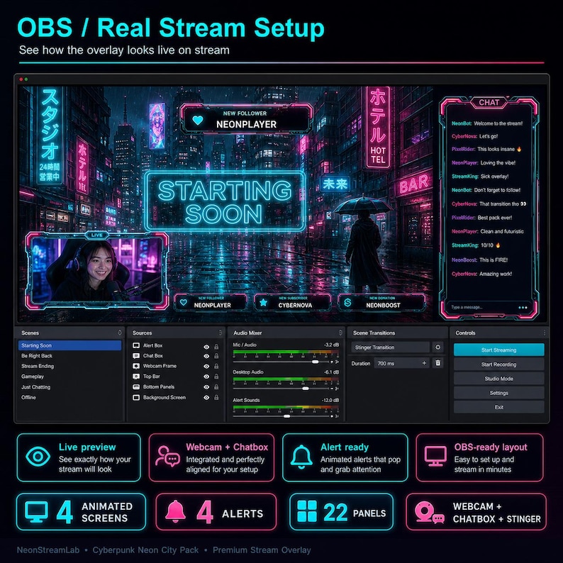 Cyberpunk Neon Stream Overlay Pack Animated Futuristic Sci-fi Twitch ...