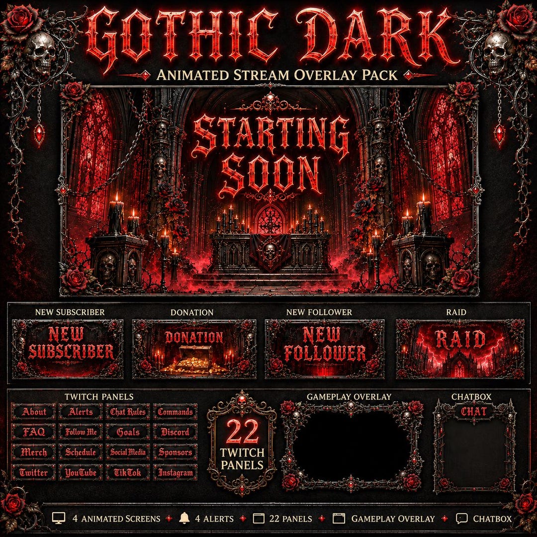 Goth Twitch Overlay Pack | Dark Gothic Animated Stream Screens Alerts ...