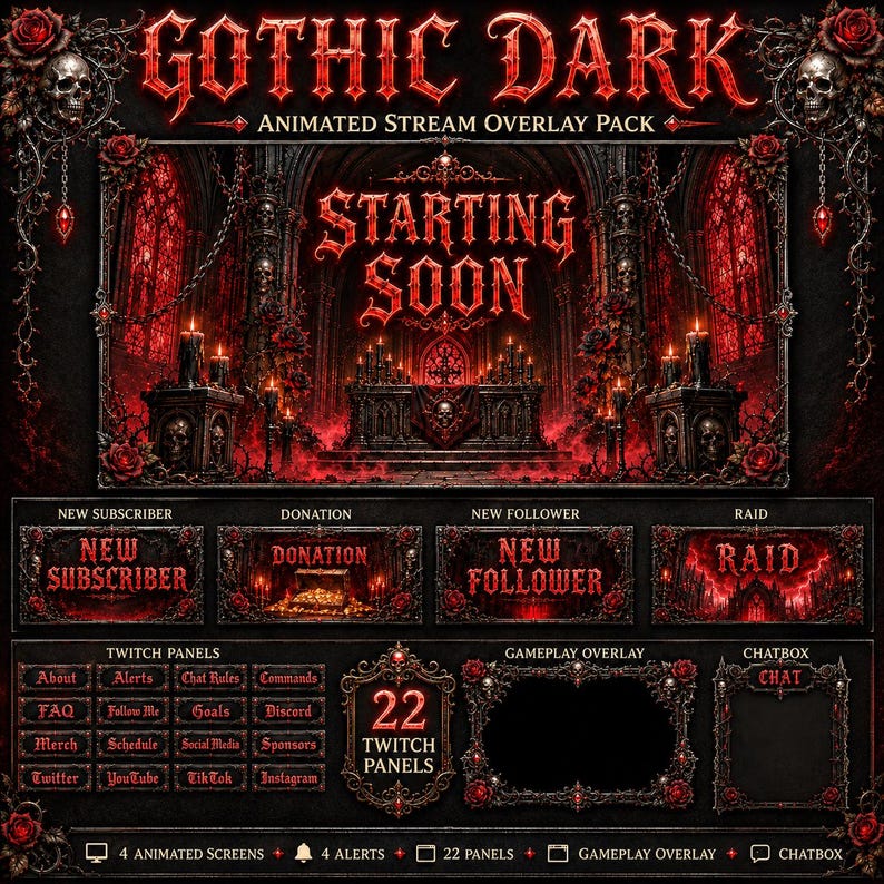 Goth Twitch Overlay Pack | Dark Gothic Animated Stream Screens Alerts ...