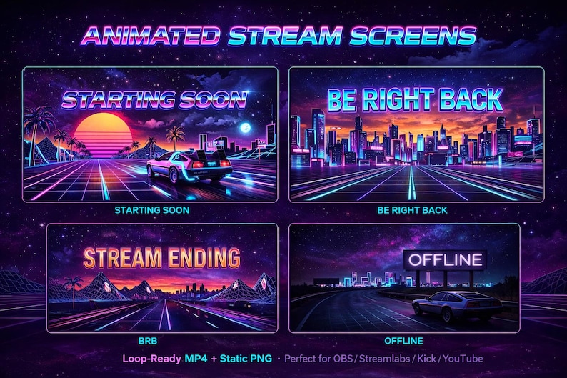 Synthwave Retro Stream Overlay Pack | Animated 80s Neon Vaporwave ...