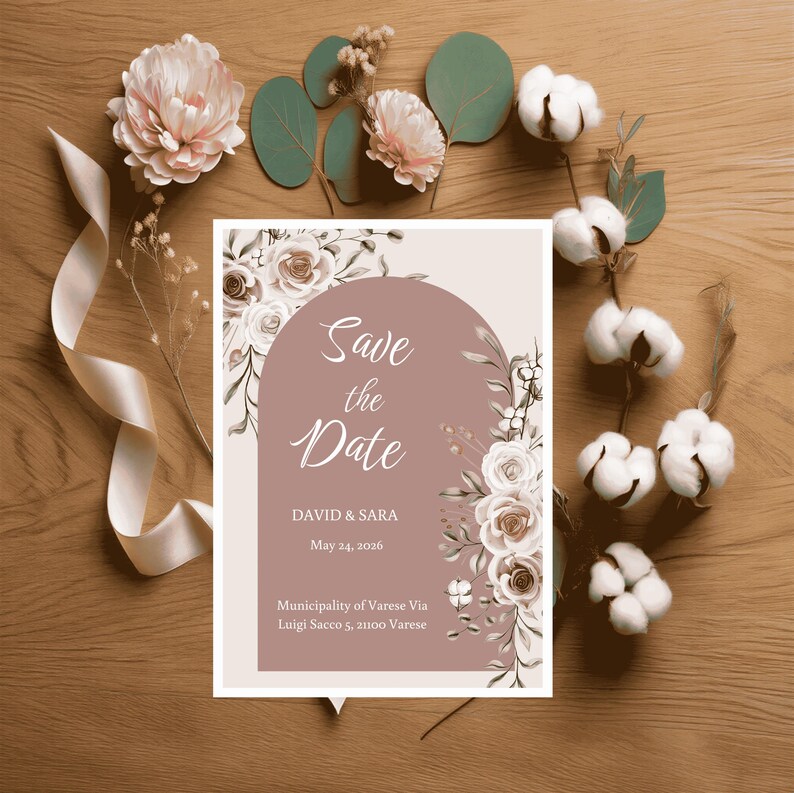 Boho Wedding Invitation, Arch Design, White Roses (editable Canva ...