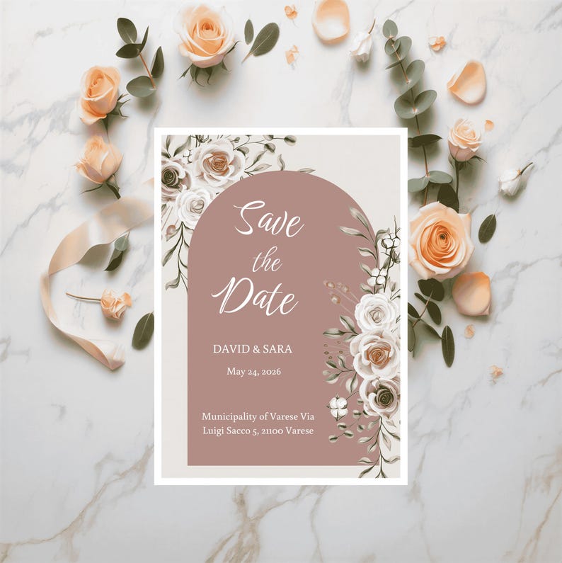 Boho Wedding Invitation, Arch Design, White Roses (editable Canva ...