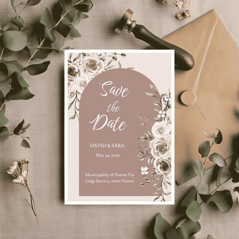 Boho Save the Date, Arch Design, White Roses (editable Canva Template ...