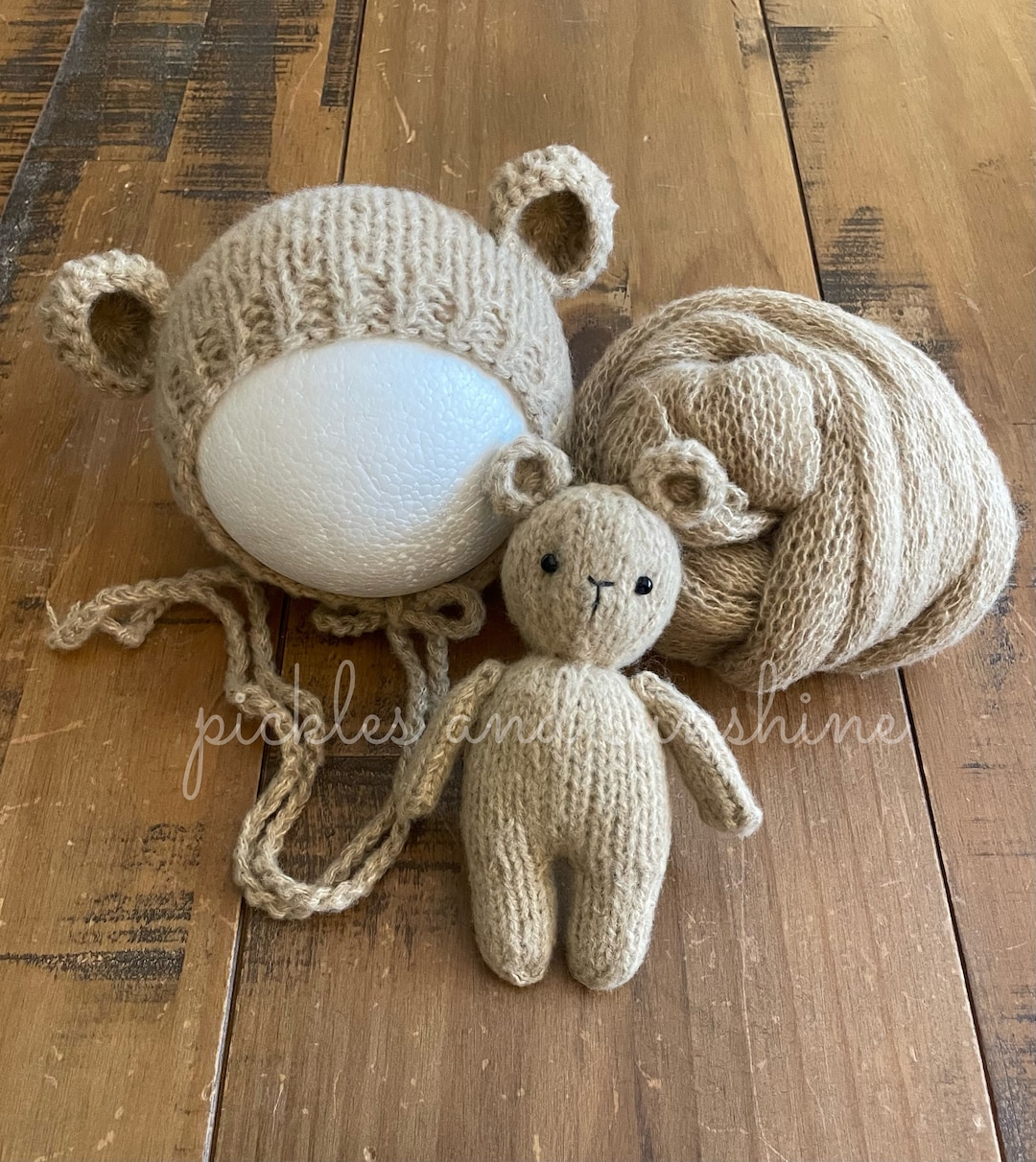 Beige Newborn Knit Bear Bonnet Set, With Bear Lovie, Long Soft Knit ...