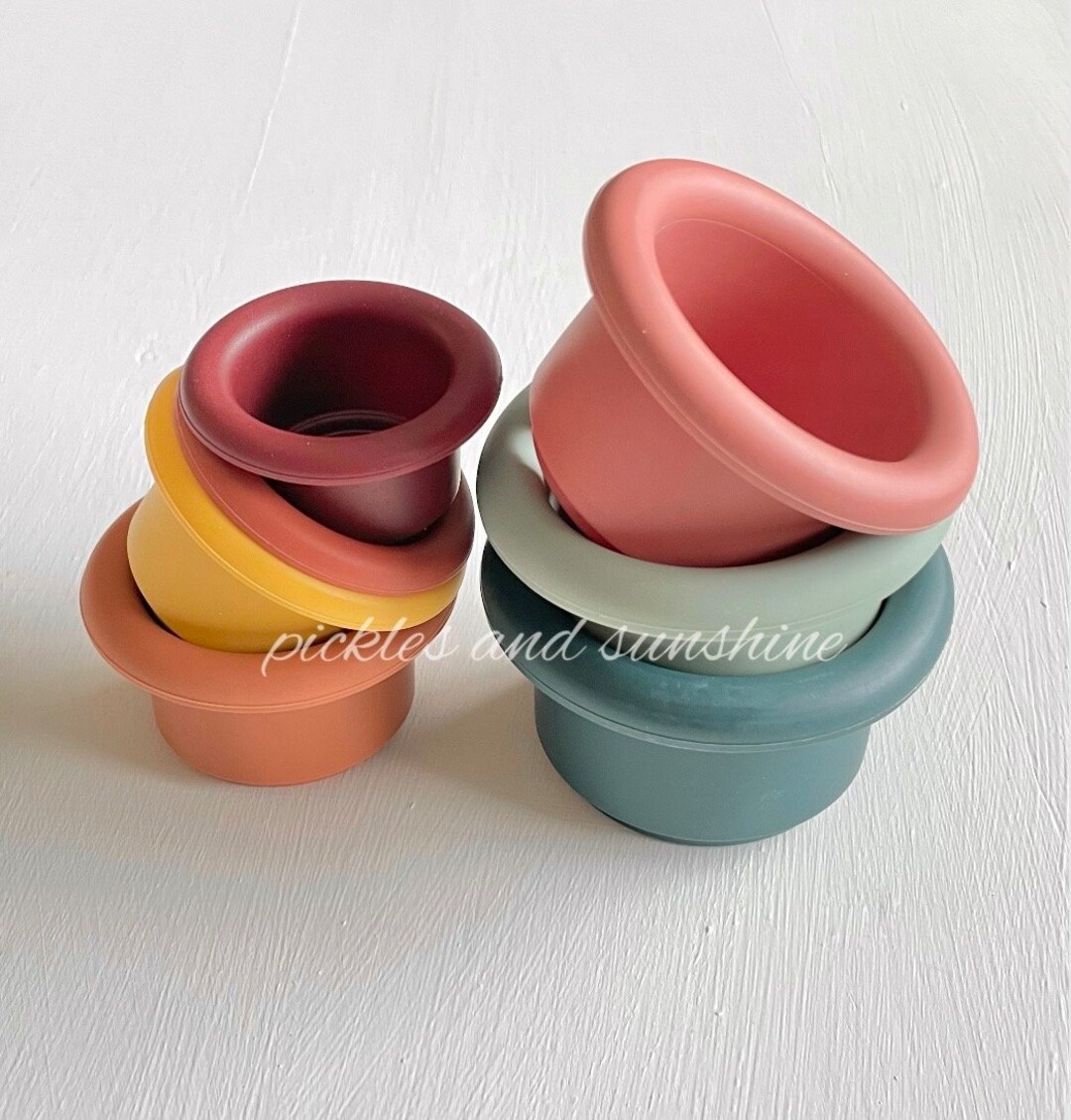 Dark Muted Rainbow Cups, Soft Silicone Stacking Cups Sitter Baby Photo ...