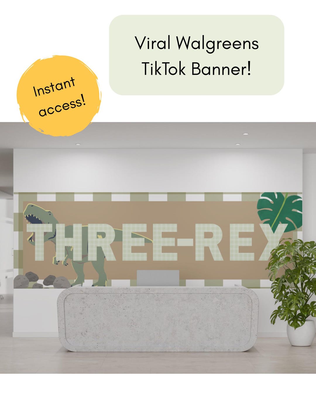 Three-rex Dinosaur Birthday Banner | Green Gingham, 2x6 Ft (digital ...