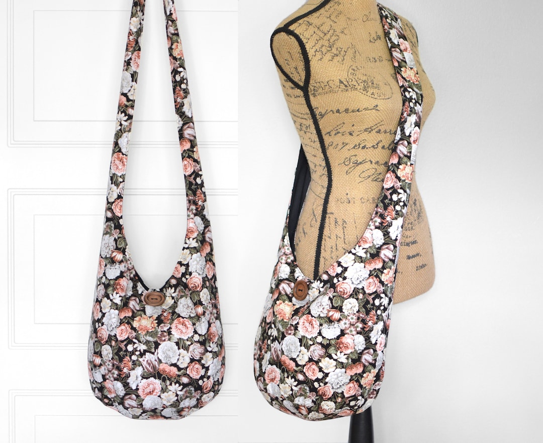 Fabric Hobo Bag Crossbody Bag Floral Slouchy Boho Purse Black Cotton ...