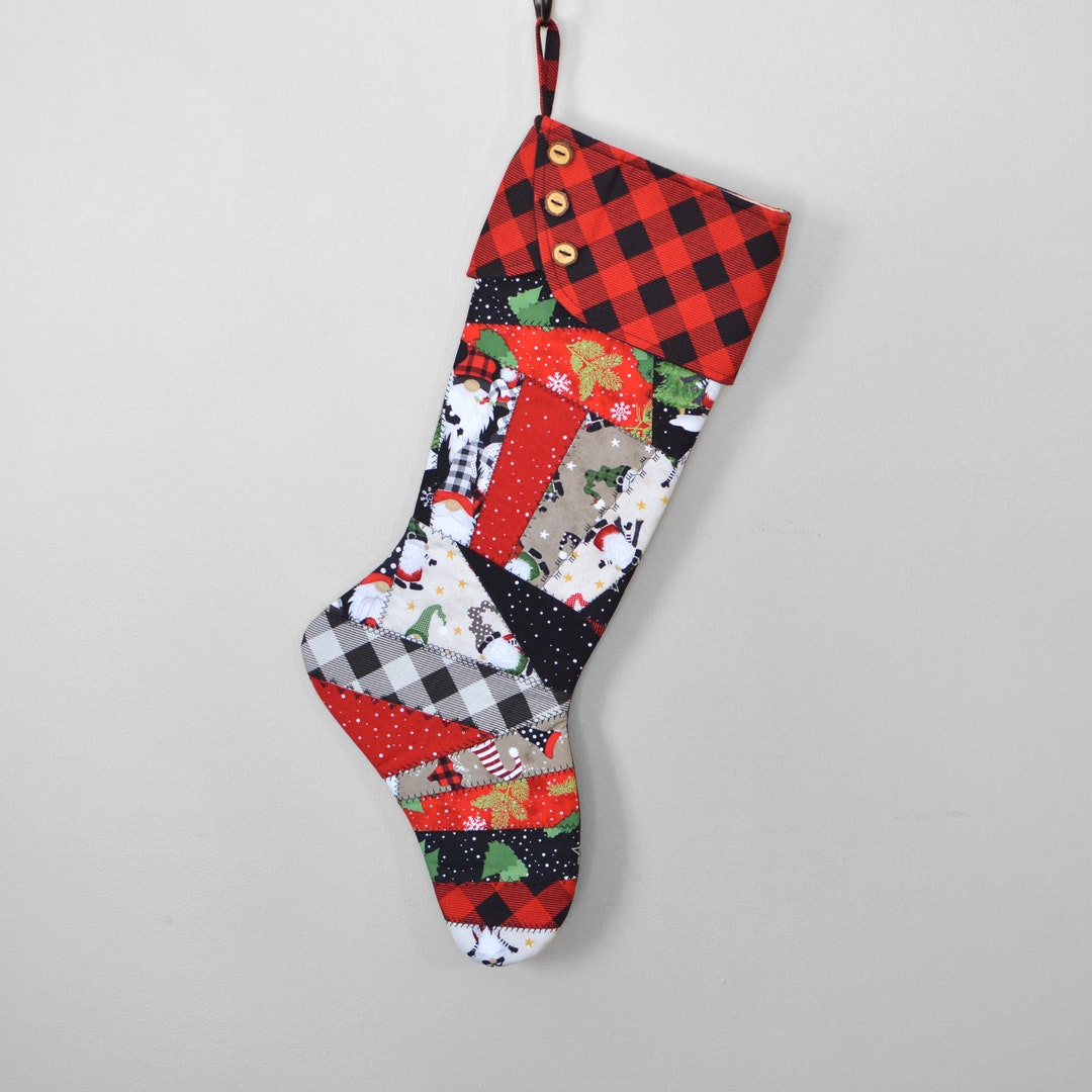 Crazy Quilt Christmas Stocking Patchwork Gnome Holiday Stocking Cotton ...