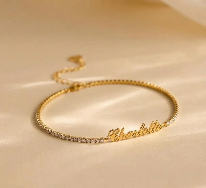 Custom Name Tennis Bracelet – Gold Crystal Chain, Dainty Script ...