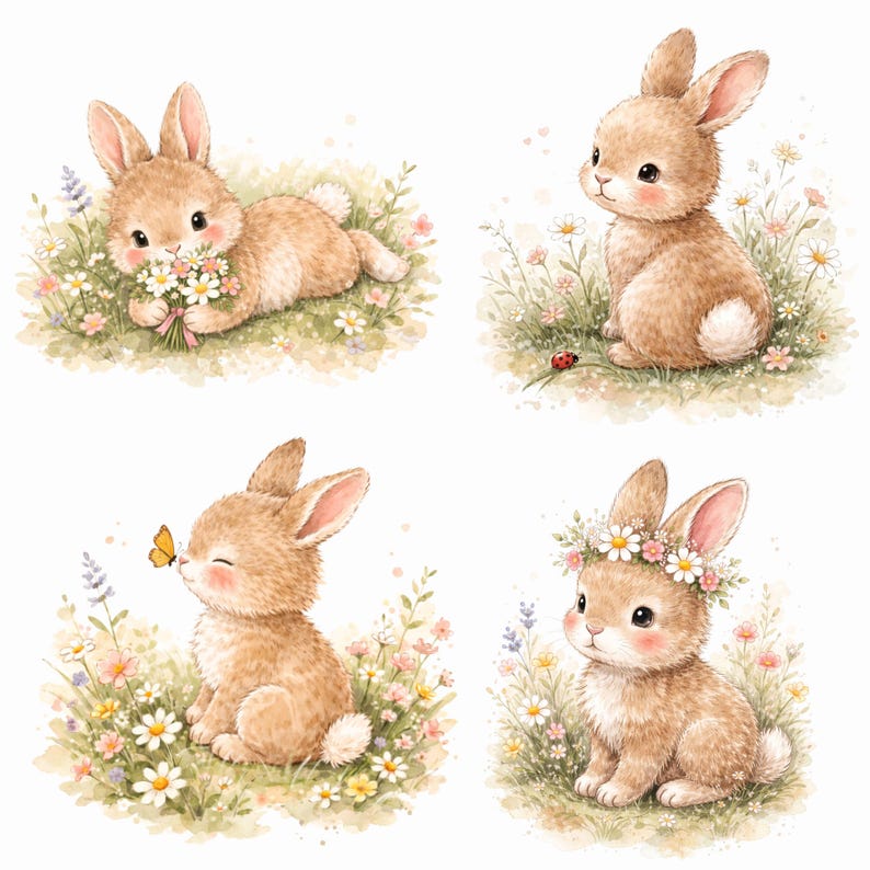 Watercolor Easter Bunny Clipart, Spring Floral PNG (digital Download ...