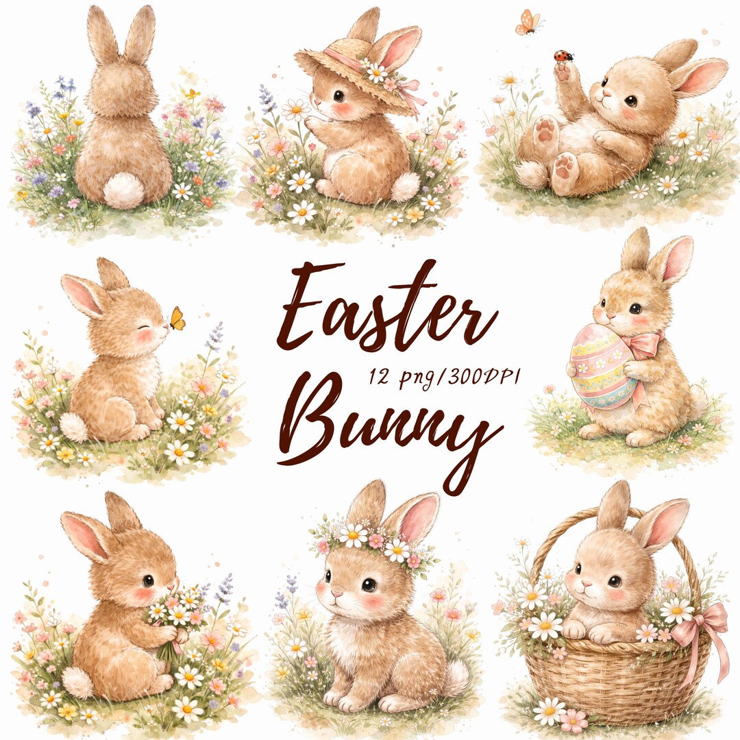 Watercolor Easter Bunny Clipart, Spring Floral PNG (digital Download ...