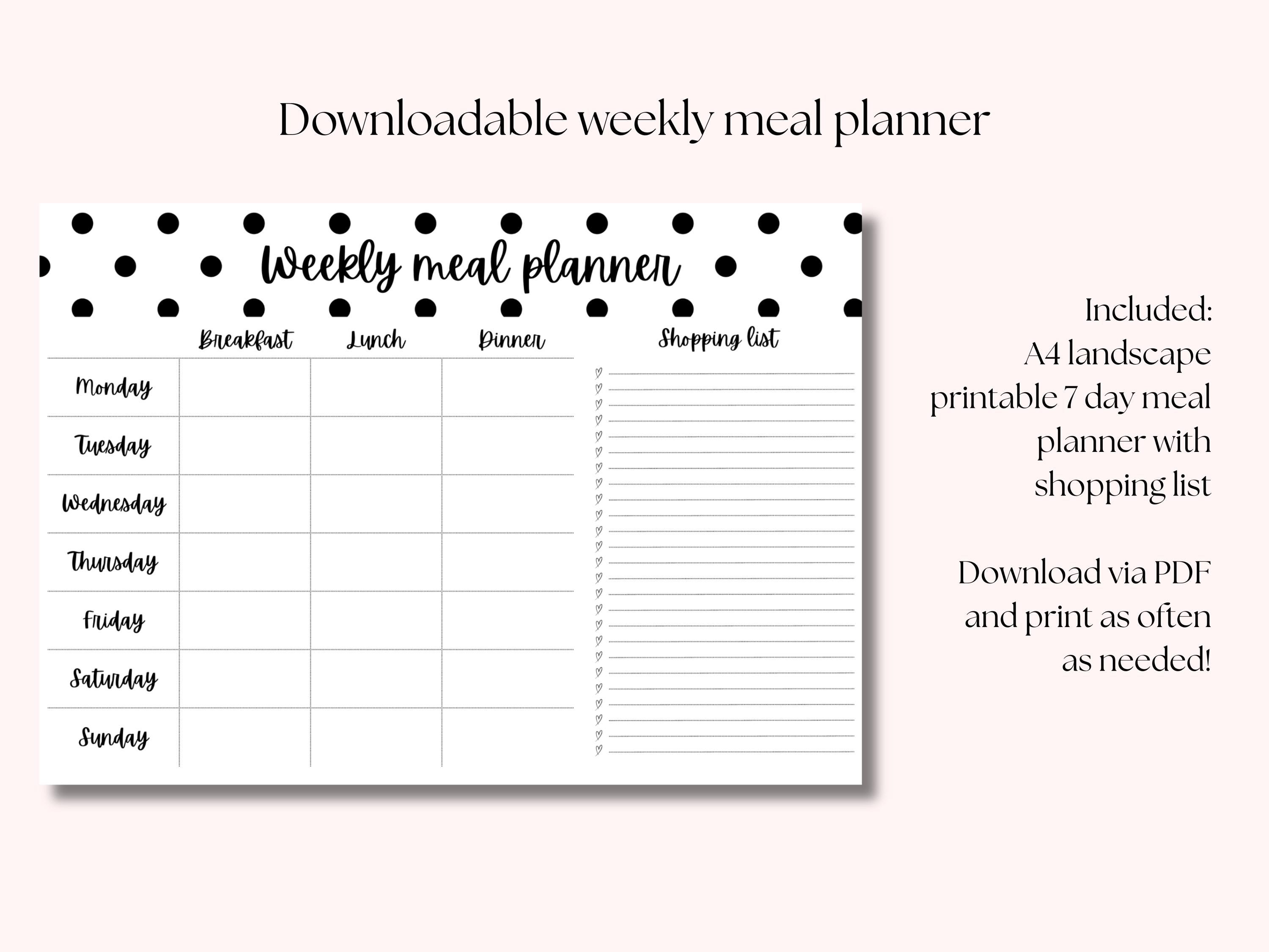 Polka Dot 7 Day Printable Meal Planner With Shopping List | Instant ...