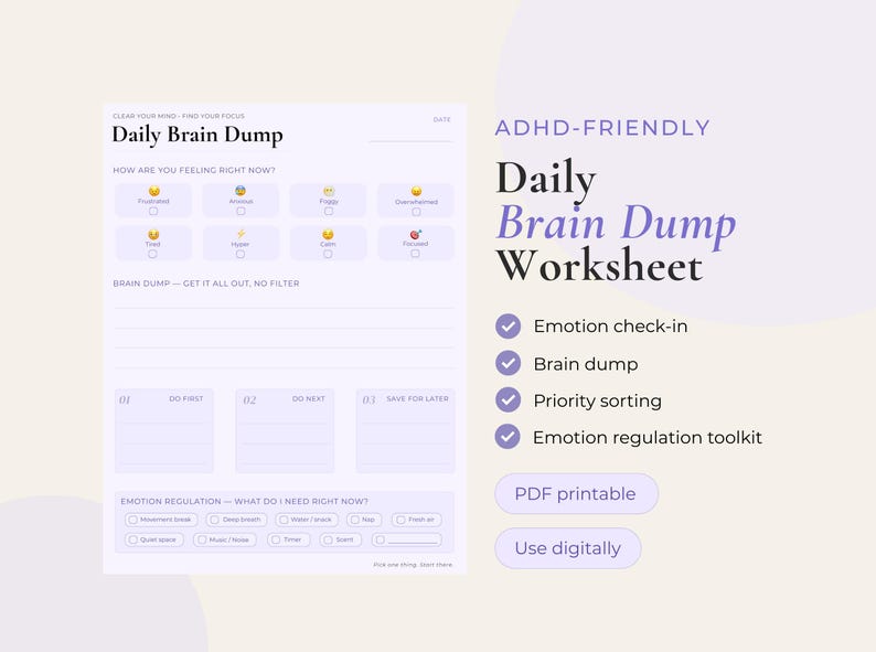 ADHD Brain Dump Worksheet | Mental Clarity & Focus Sheet | Emotion ...