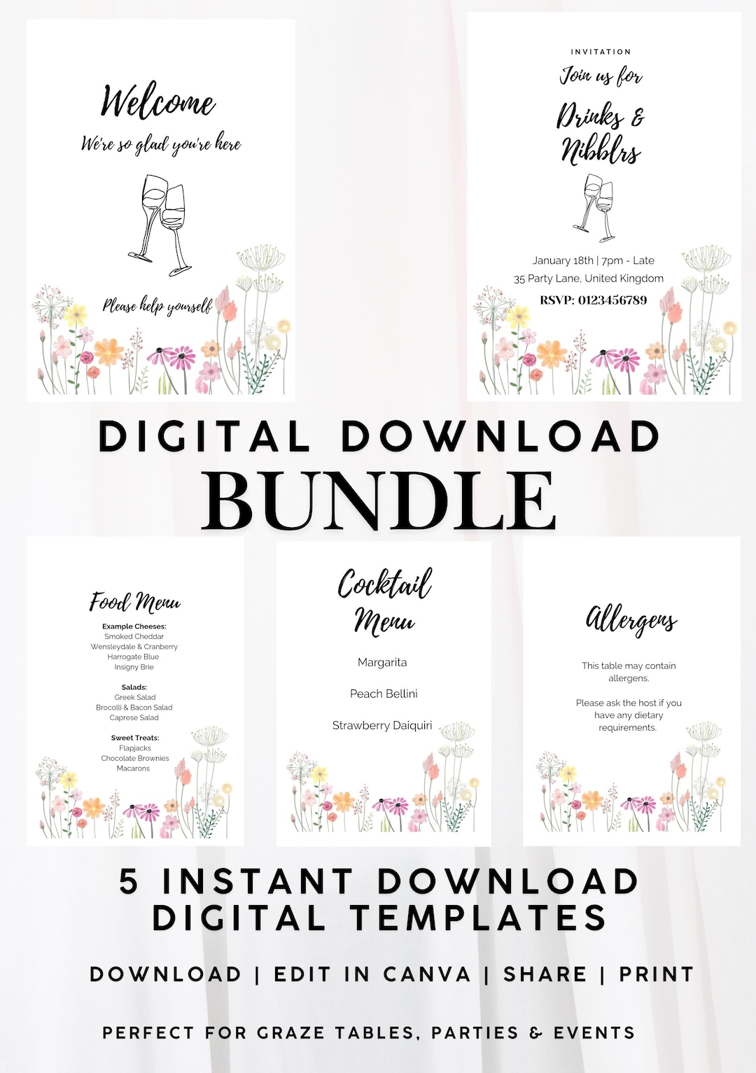 Editable Party Signage Templates | Graze Table, Menu, Invitation (canva ...
