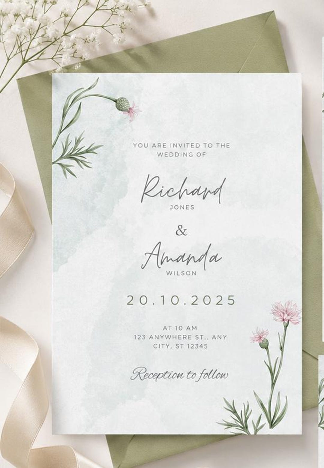 Sage Green Botanical Wedding Invitation Template, Minimalist Watercolor ...