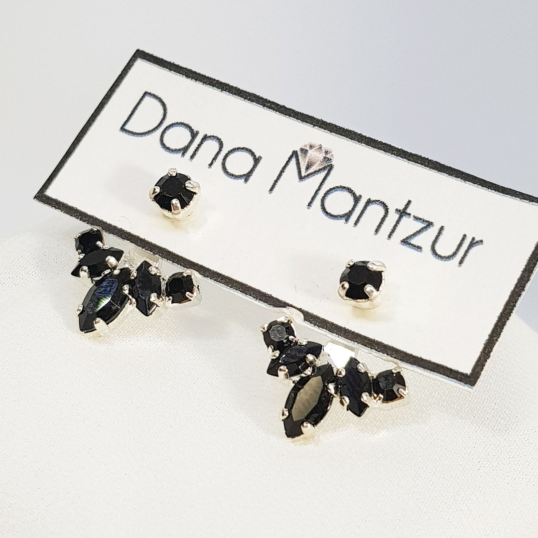 Black Crystal Ear Jacket, Minimal Black Earring, Black Crystal Jewelry ...