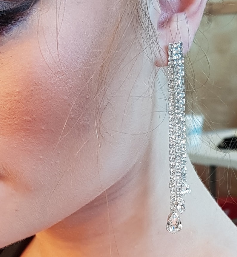 Crystal Fringe Earrings, Rhinestone Drop Earrings, Silver Tassel Earrings, Bridal Long Earrings ...
