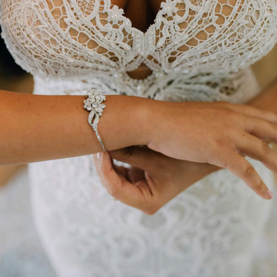 White Wedding Bracelet, Bridal Bracelet, Cuff Wedding Bracelet, Silver ...