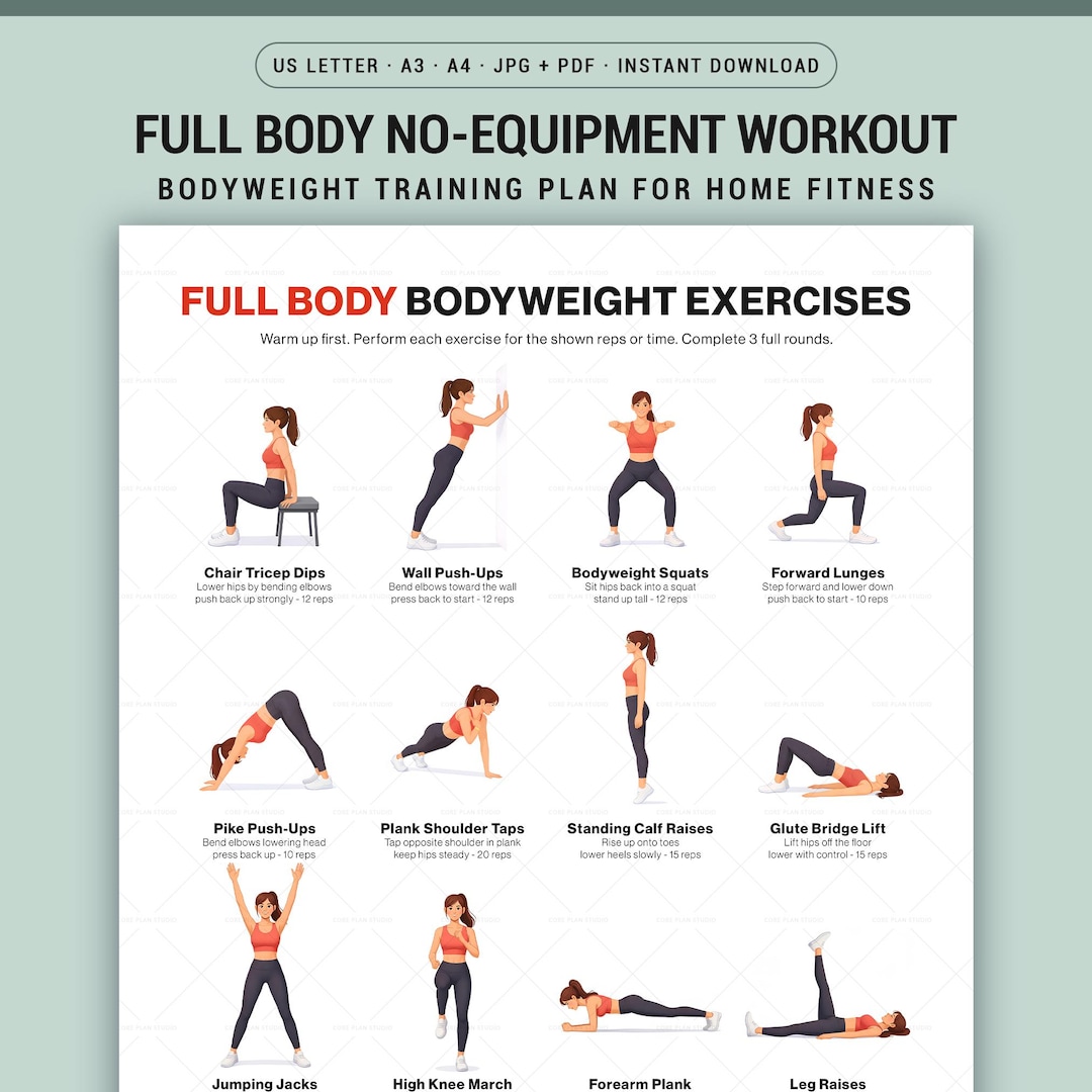 Full Body Bodyweight Exercises Chart Printable for Home Workouts, No ...