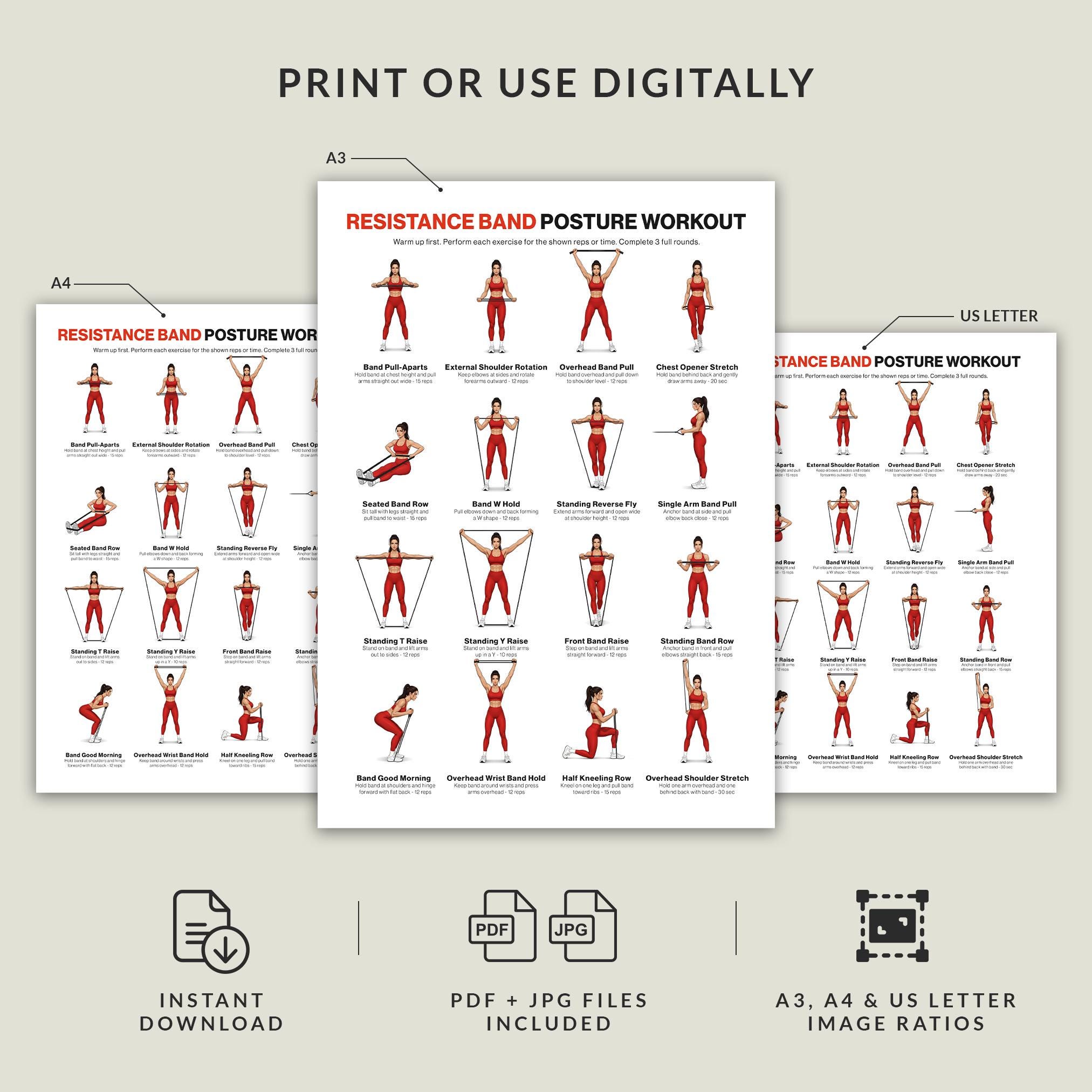 Resistance Band Posture Exercises Printable Poster, Back Shoulder ...