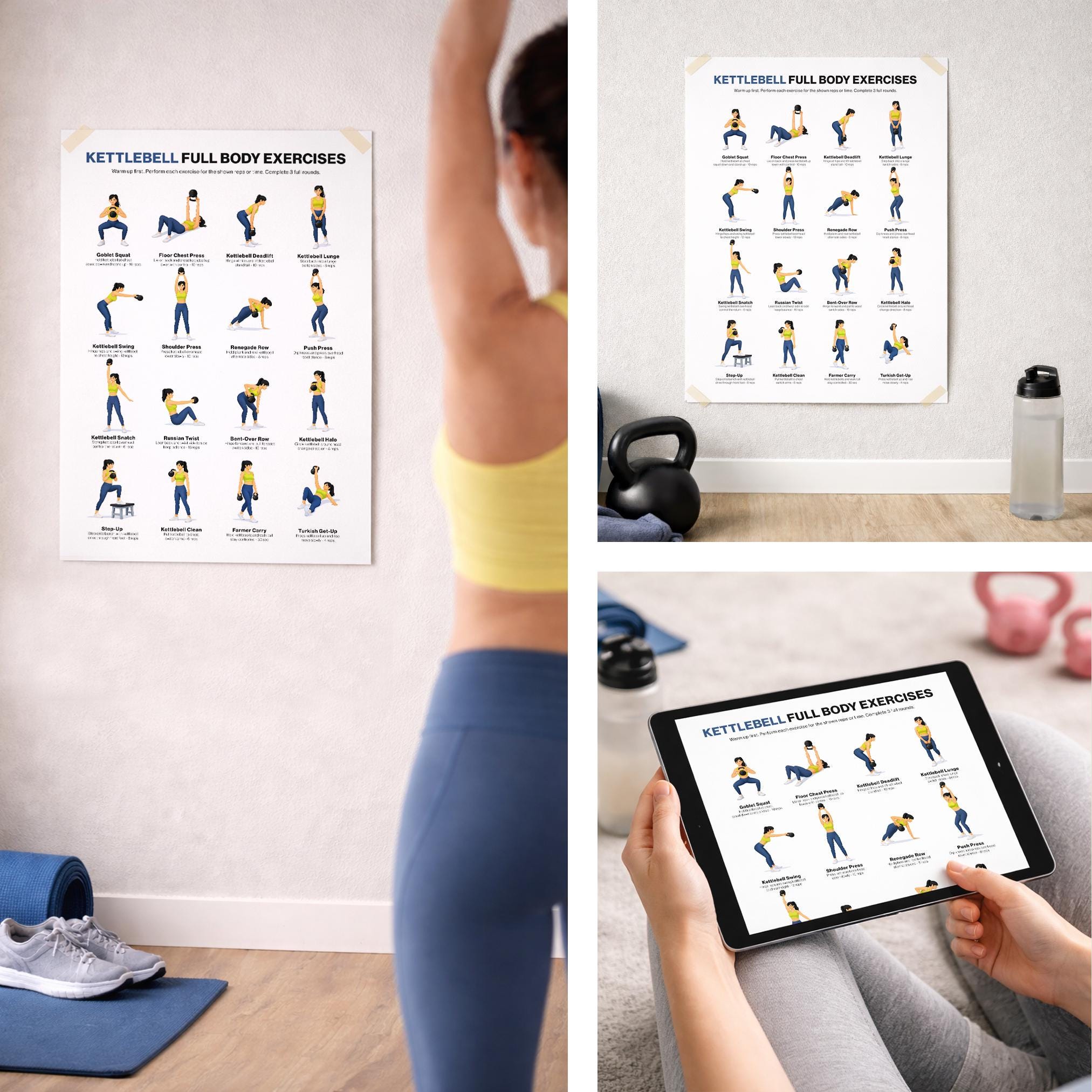 Beginner Kettlebell Full Body Workout Chart for Home, Illustrated ...