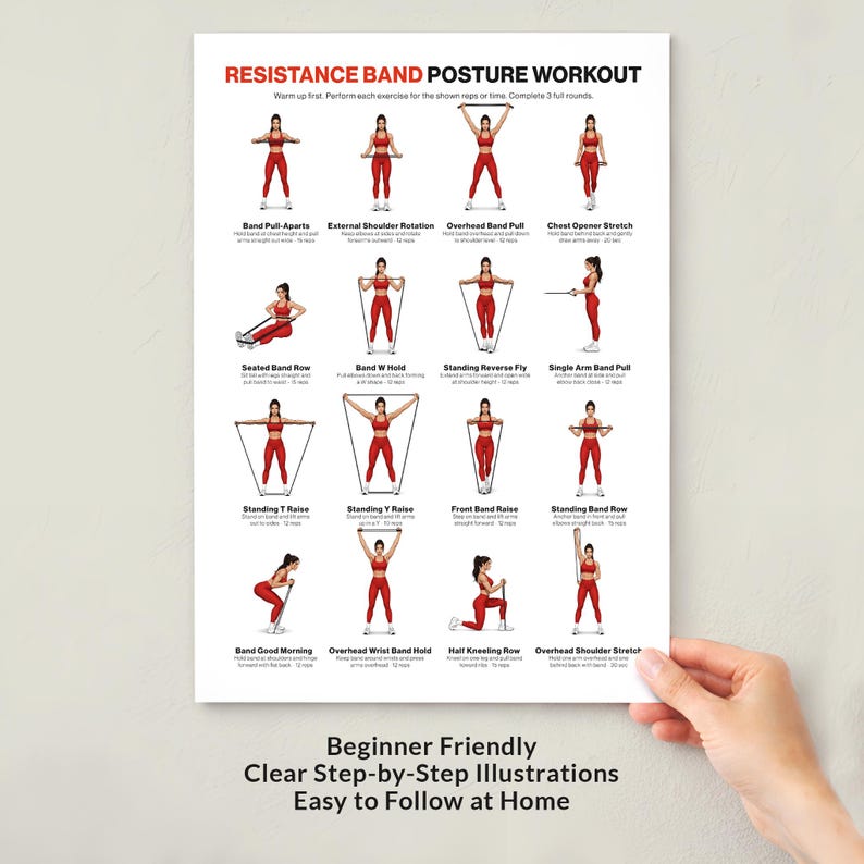 Resistance Band Posture Exercises Printable Poster, Back Shoulder ...